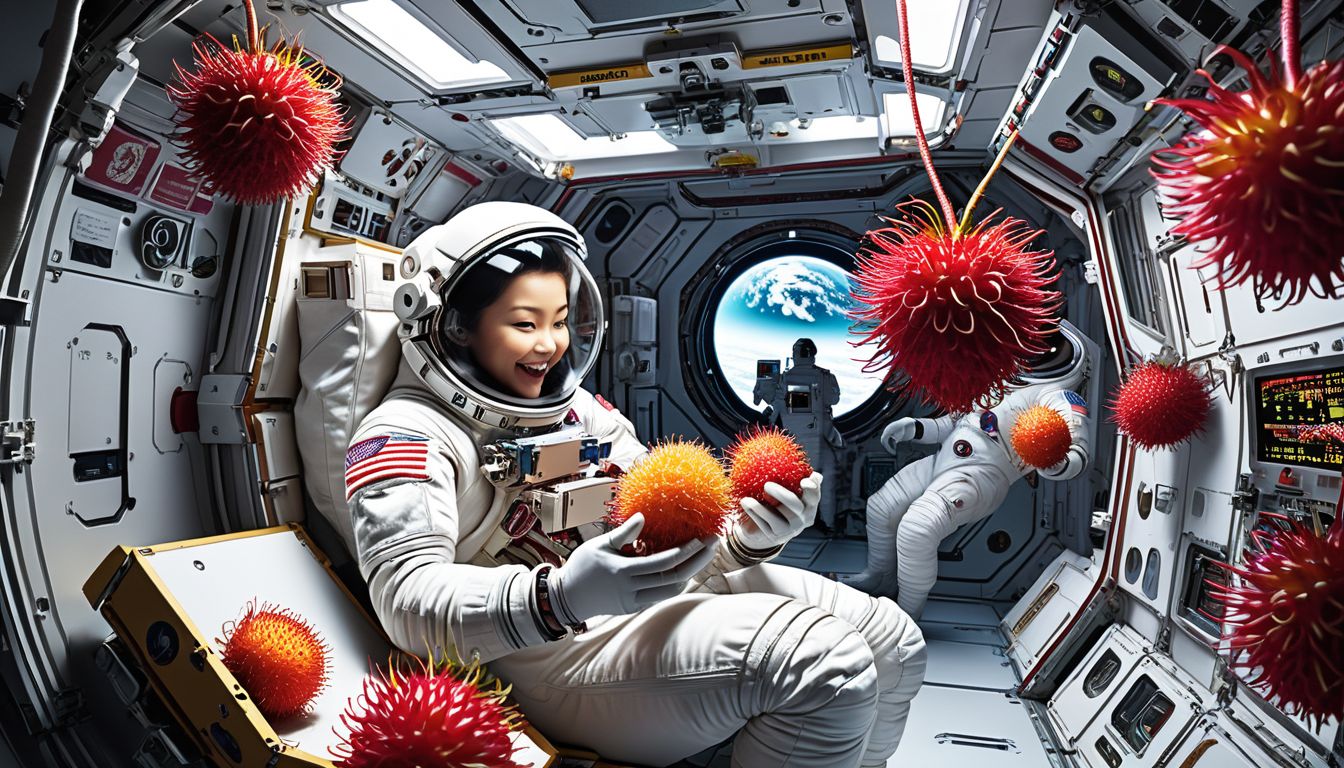 futuristic ad set on a space station where astronauts enjoy rambutans ...