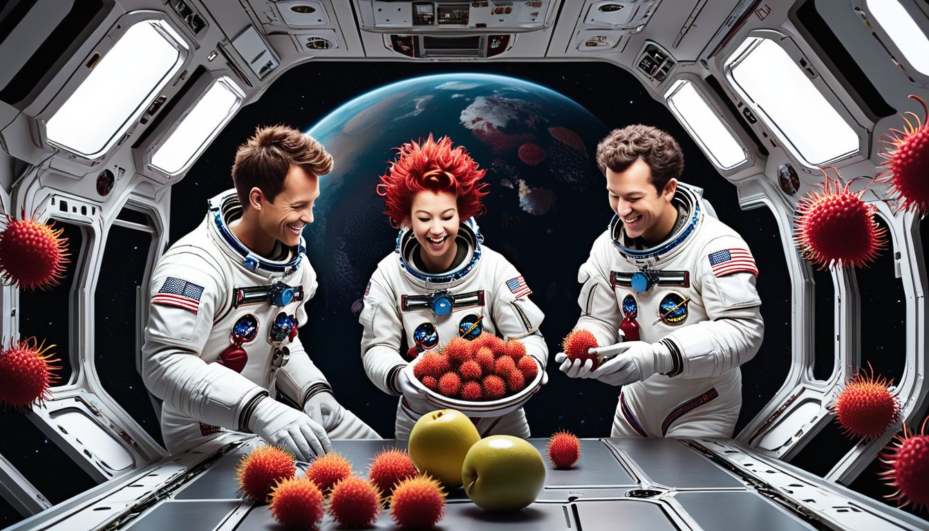 futuristic ad set on a space station where astronauts enjoy rambutans ...