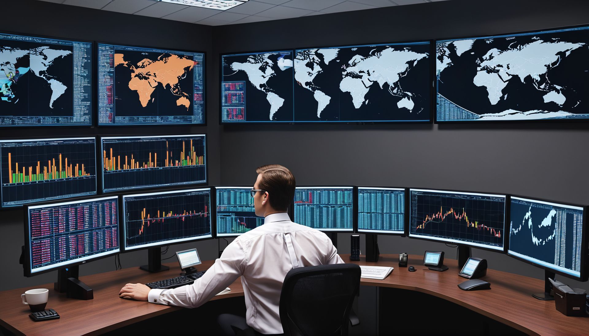 modern financial analyst's office, multiple monitors displaying stock charts, sophisticated ...