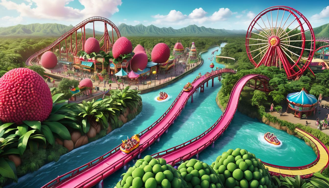 amusement park ad where each ride is lychee-themed. Roller coasters loop around giant lychees ...