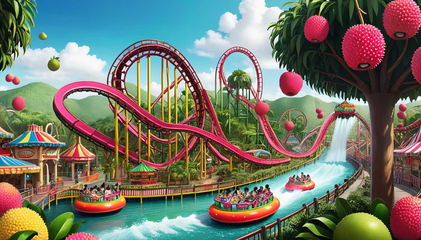 amusement park ad where each ride is lychee-themed. Roller coasters ...