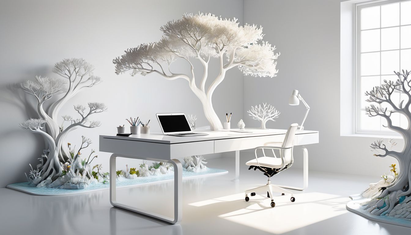 sleek, white minimalist desk situated in a brightly lit office. The ...