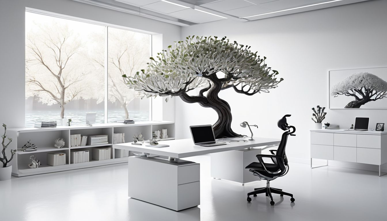 sleek, white minimalist desk situated in a brightly lit office. The ...
