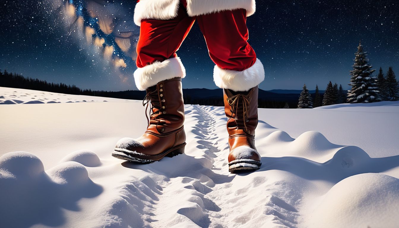 Santa's boots leaving footprints in the fresh snow, creating a path ...