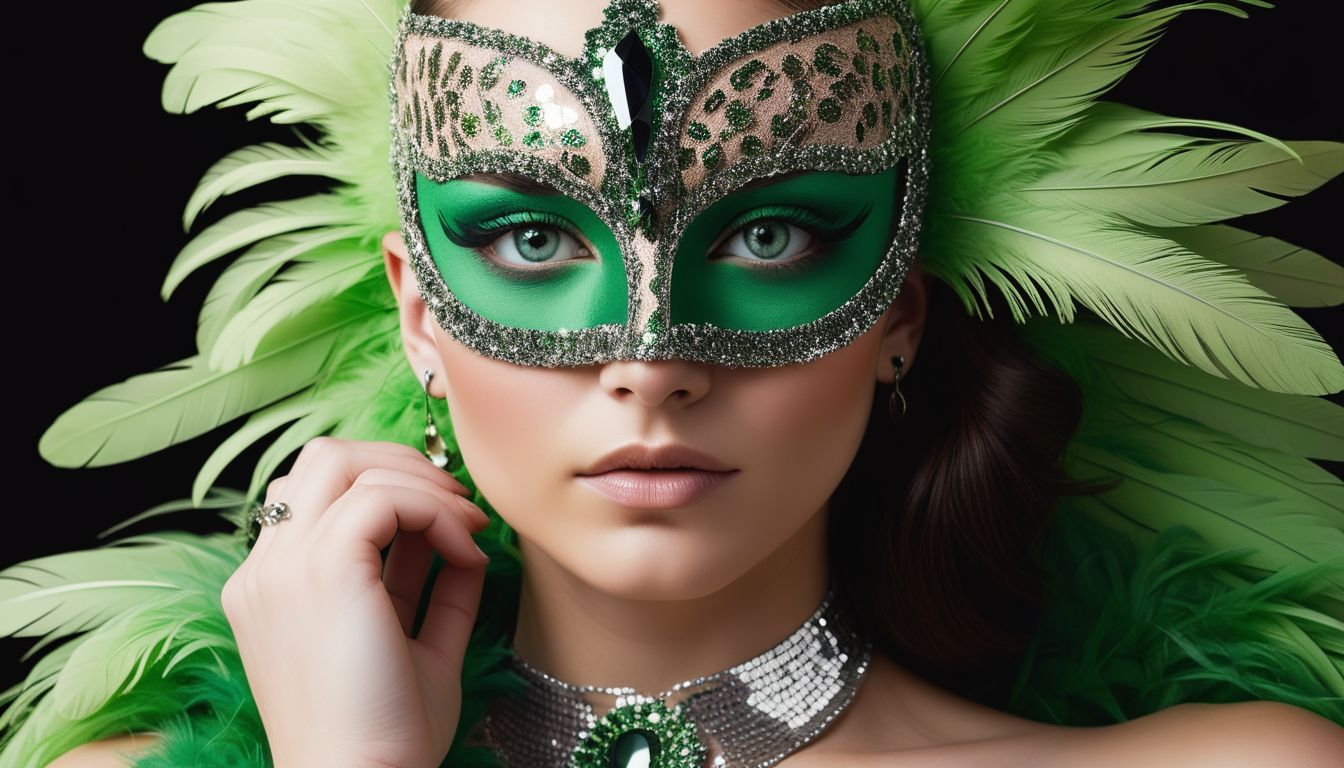 portrait of a woman wearing a mask, with only her piercing green eyes ...