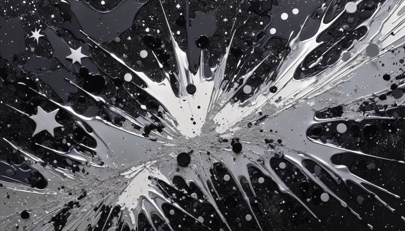 metallic silver splash, shimmering and reflective, with speckles of ...