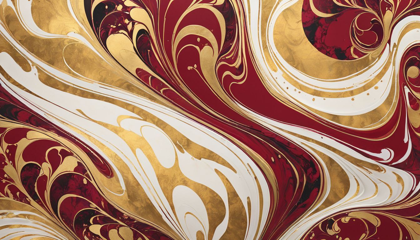 crimson and gold marbled splash, intertwined in an elegant, royal ...