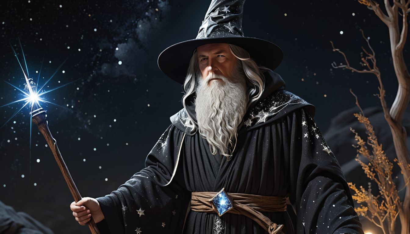 wizard wearing a long, flowing robe of midnight black, speckled with ...
