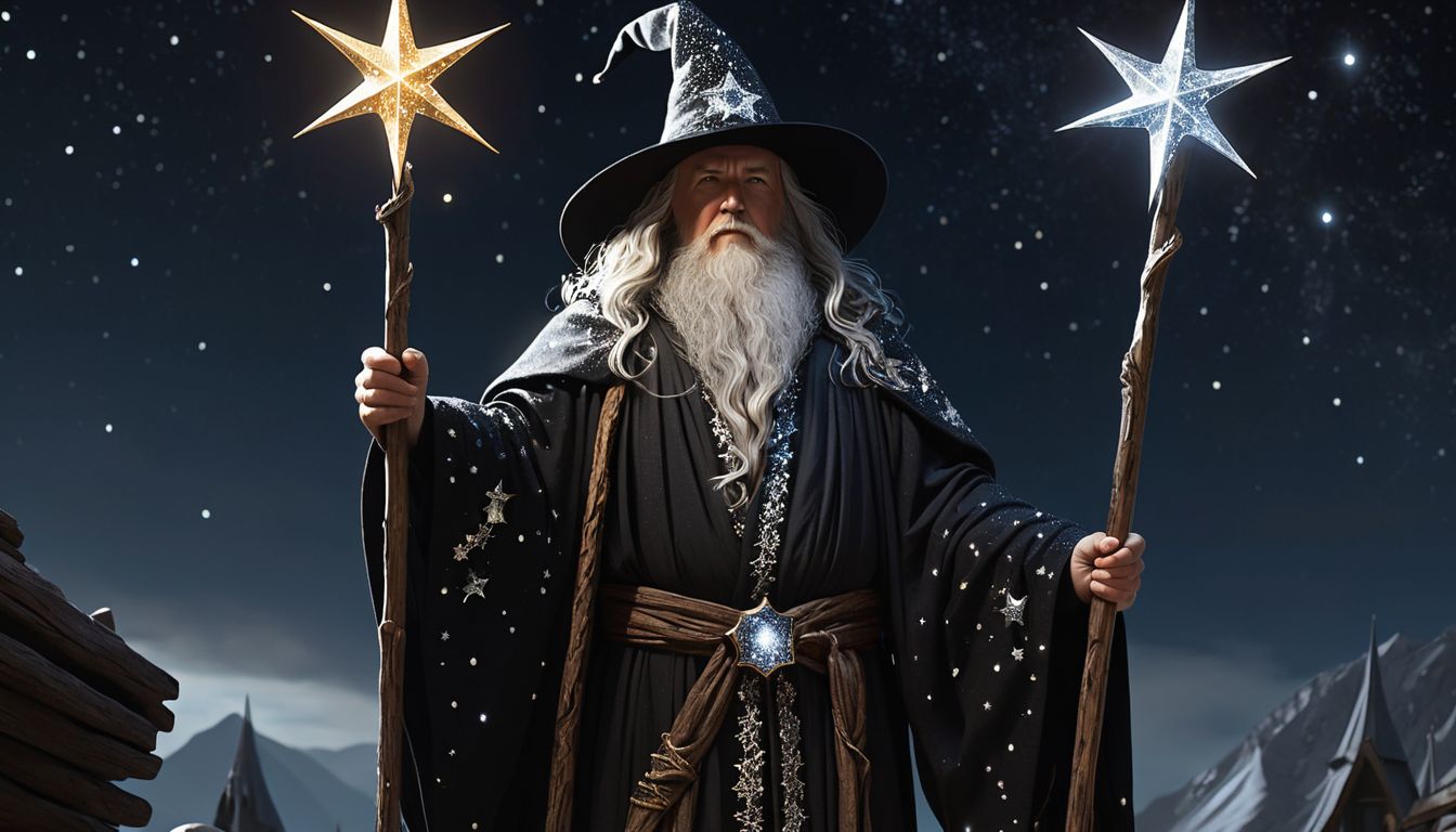 wizard wearing a long, flowing robe of midnight black, speckled with ...