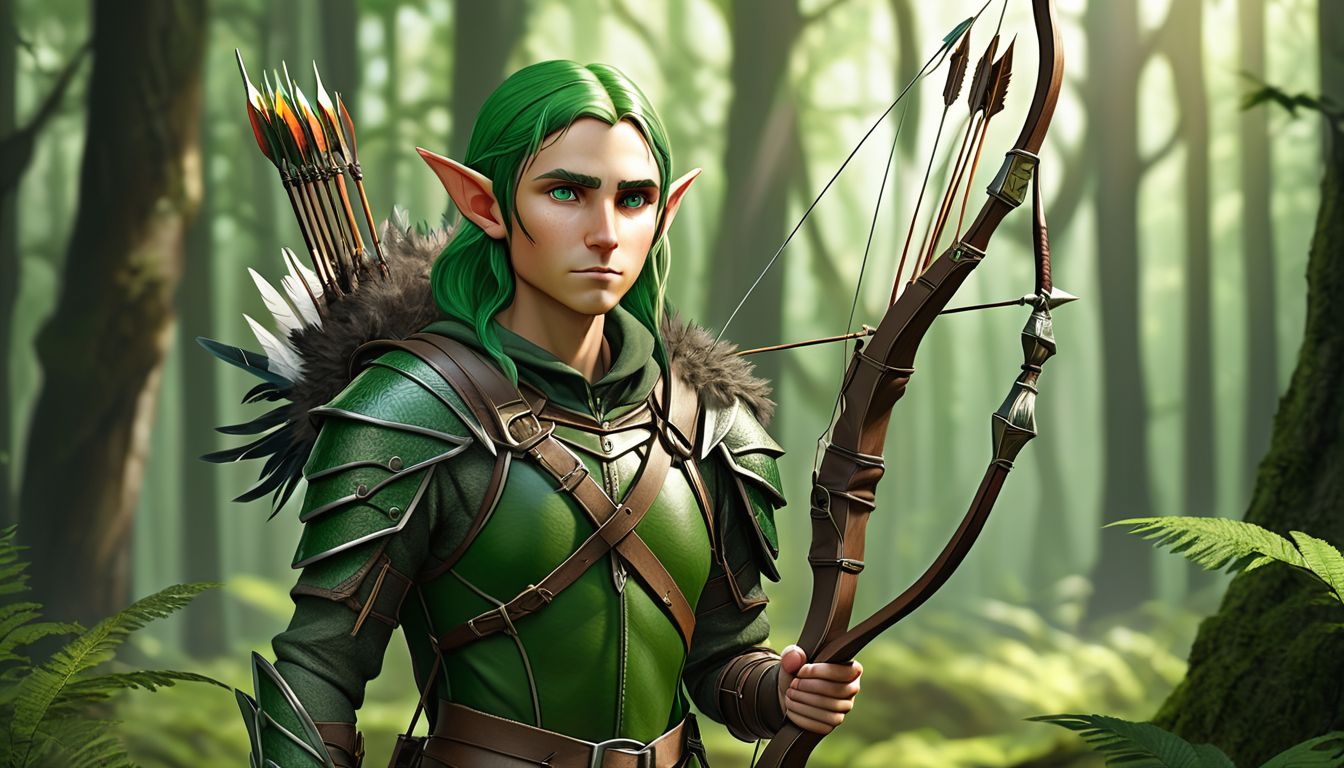 elf archer with pointed ears, clad in forest green leather armor, carrying a longbow and a ...