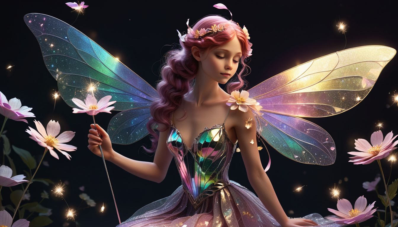 fairy with iridescent wings, wearing a dress made of delicate flower petals, and holding a tiny ...