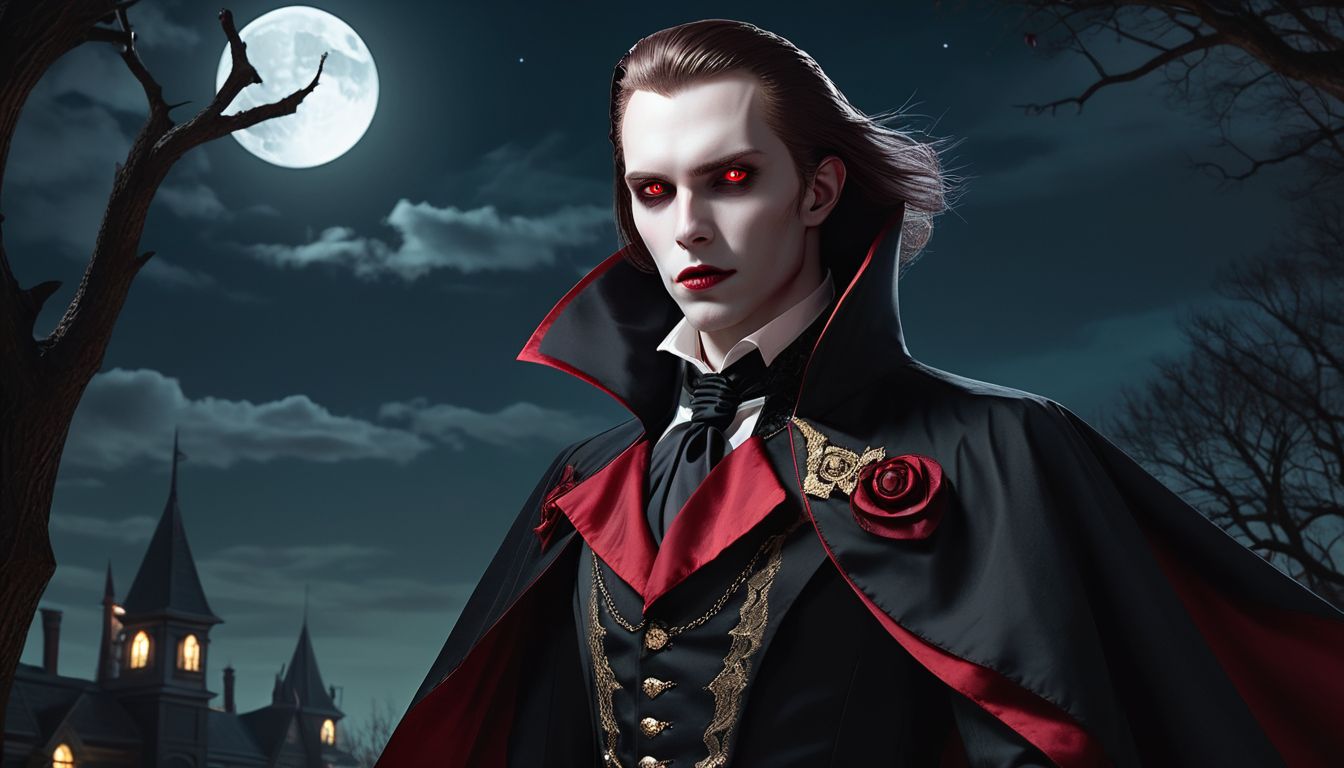 vampire with pale skin, piercing red eyes, and fangs, wearing a ...